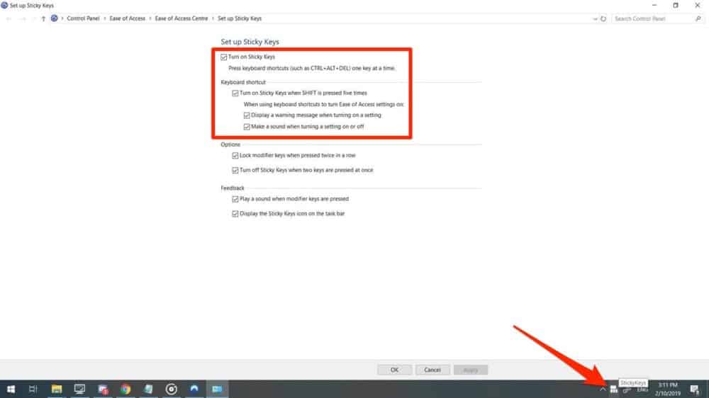 How to turn off Sticky Keys on Windows 10
