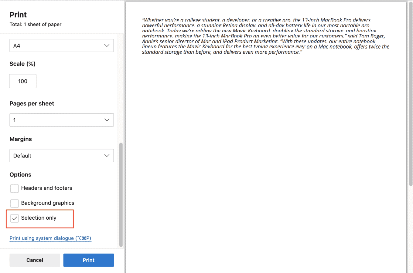 How to print a selection on Microsoft Edge